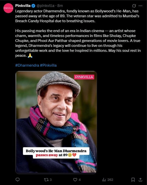 Legendary Bollywood actor Dharmendra passes away
